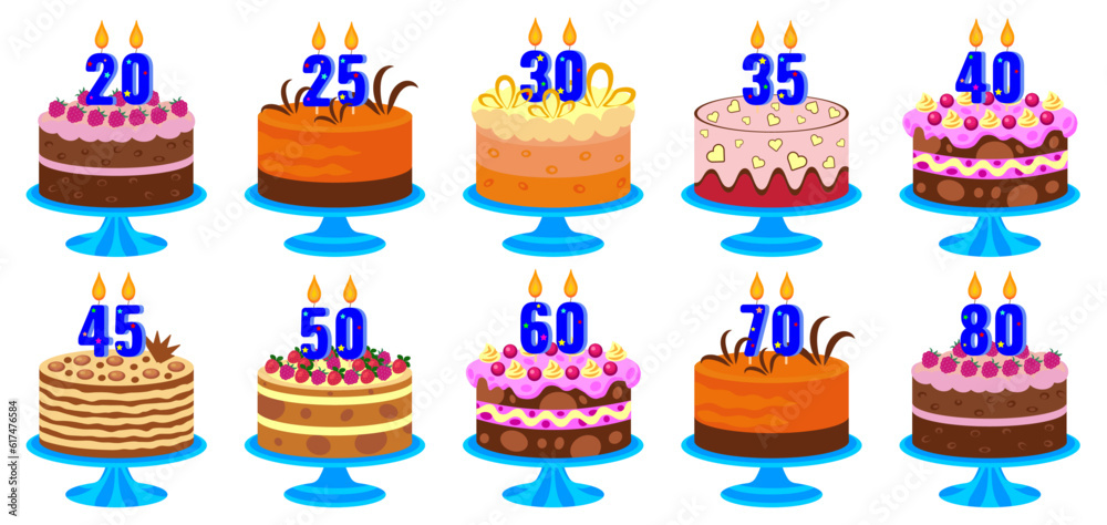 Birthday cakes set with candles Stock Vector | Adobe Stock