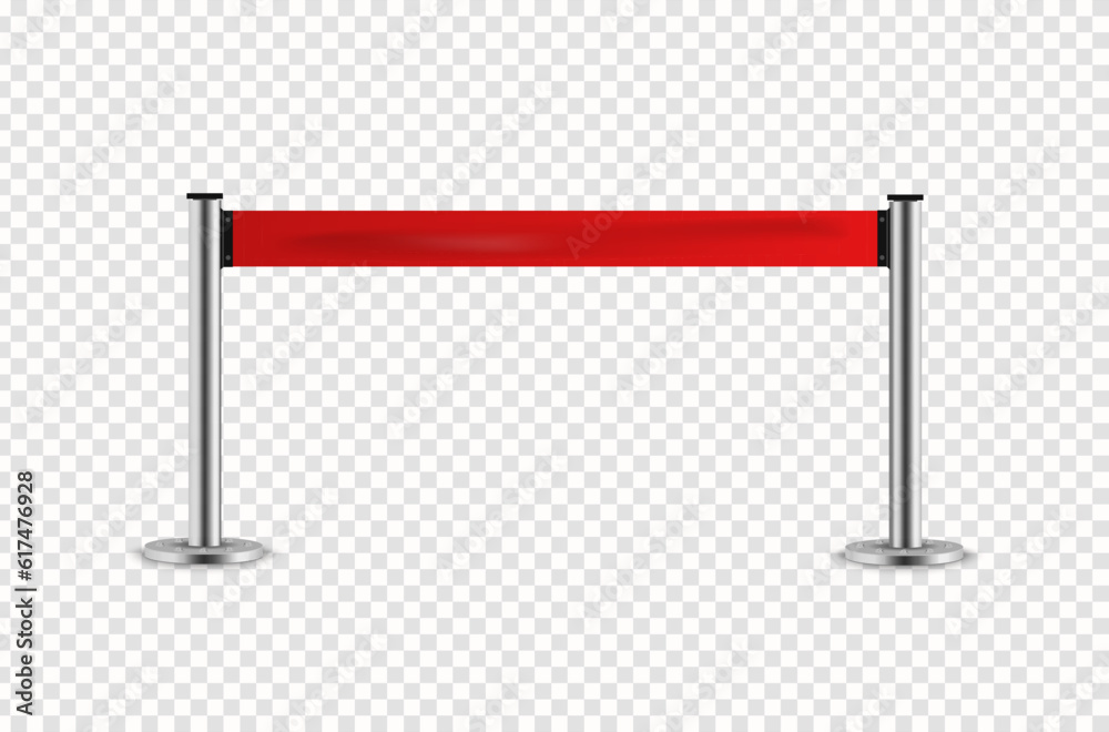 Silver barrier with red ribbon for VIP Presentation. Realistic fencing ...