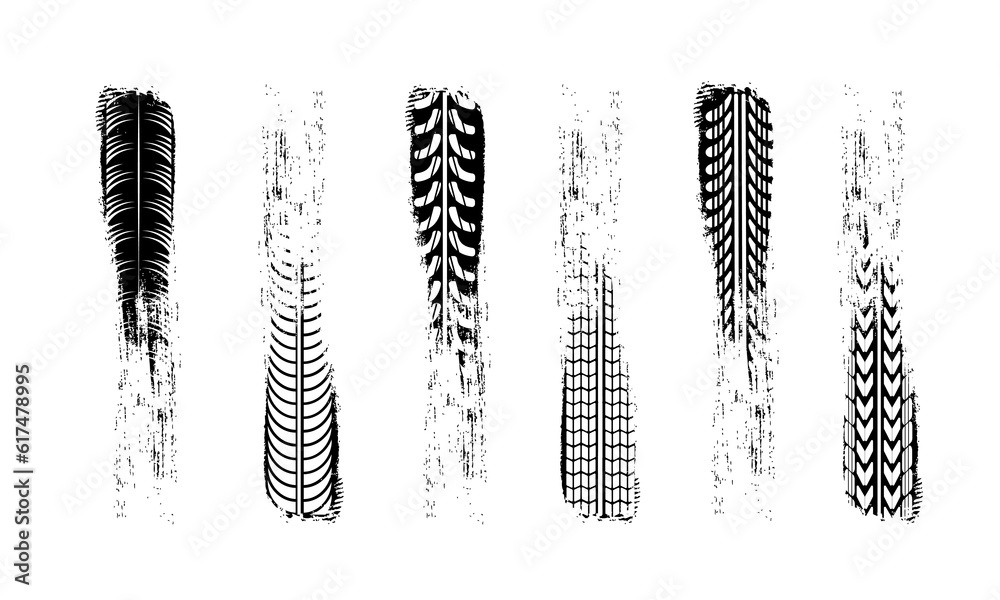 Traces car tires and tracks on a white background. Realistic ...