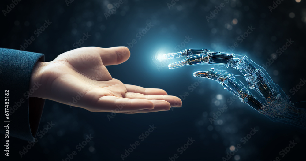 Robot hand reaching out to humans, in the style of dark gray and dark ...