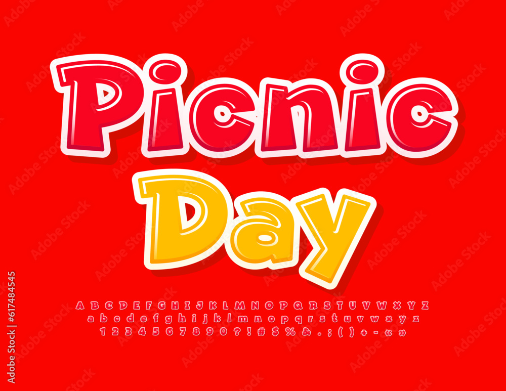Vector recreational poster Picnic Day. Red glossy Font. Funny set of ...