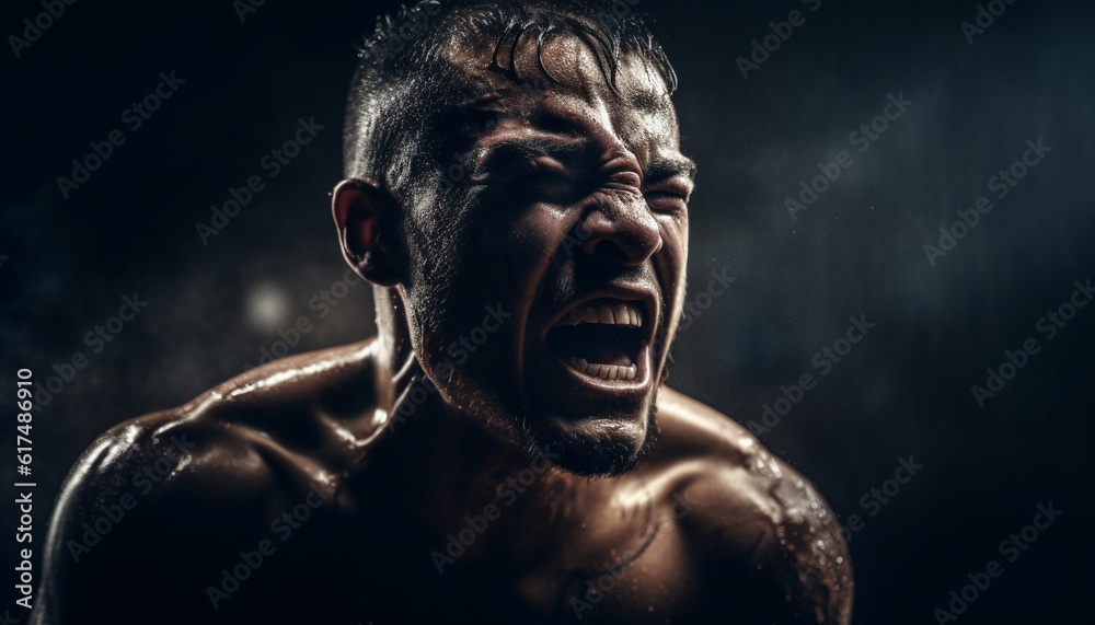 Muscular athlete screams in determination, shirtless portrait generated ...