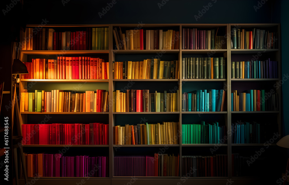 a bookshelf lined with books, books with colorful bindings on ...