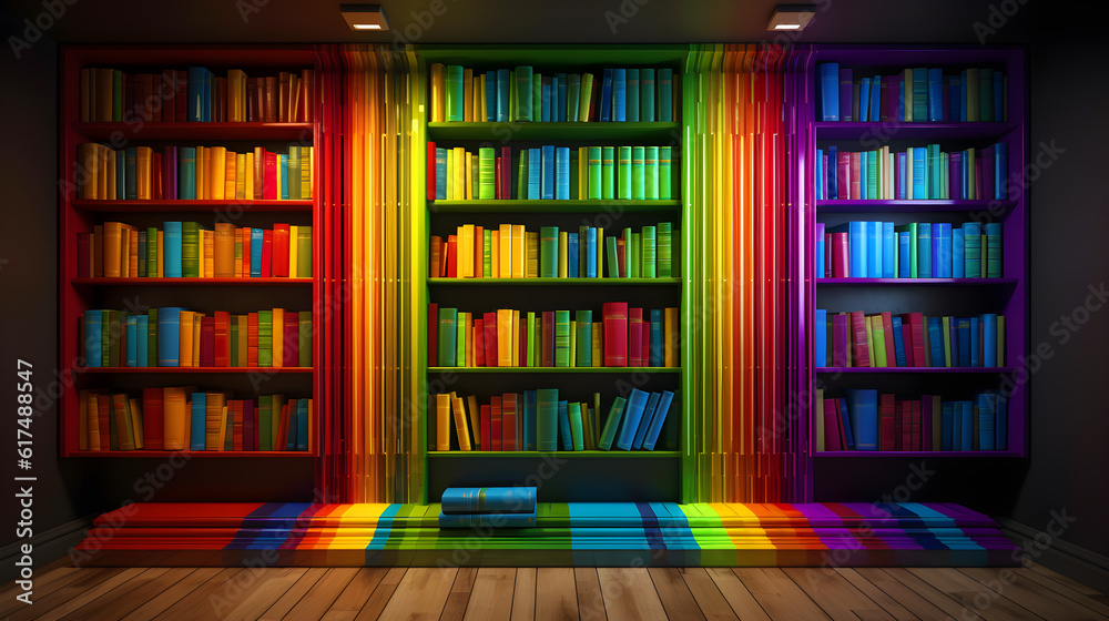 bookshelf with multi-colored books, background consisting of a huge bookshelf lined with colored ...