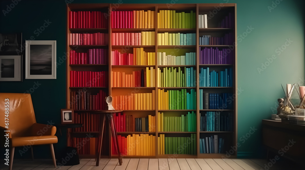 bookshelf with multi-colored books, background consisting of a huge bookshelf lined with colored ...