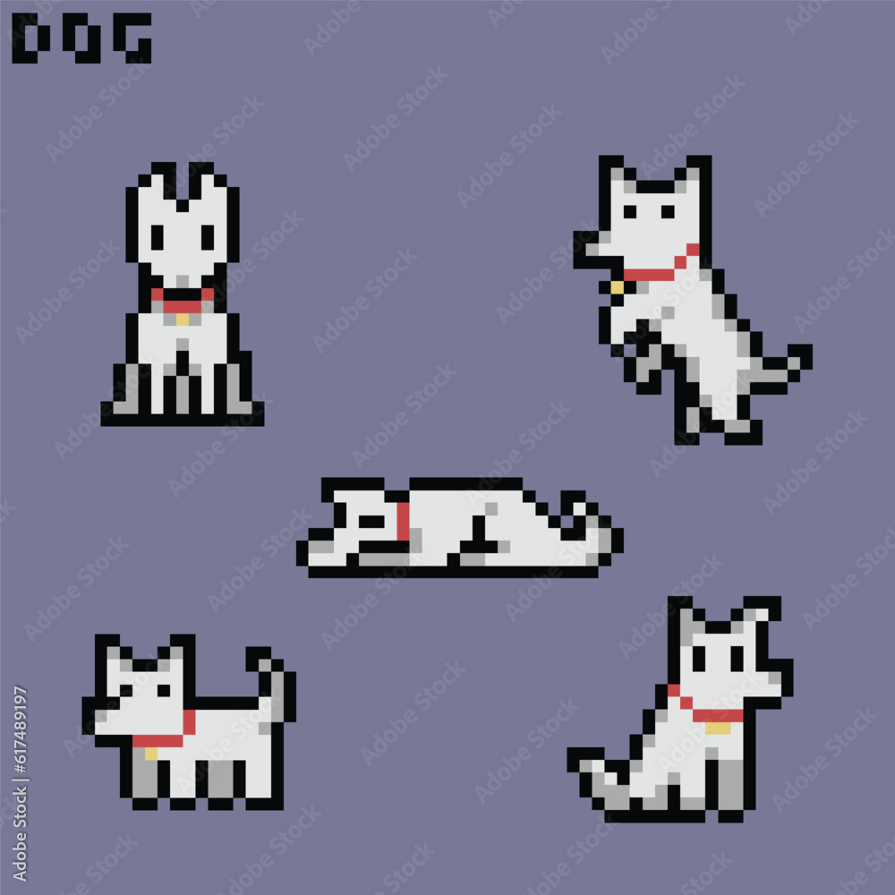 this is Dog in pixel art with simple color with purple background this ...