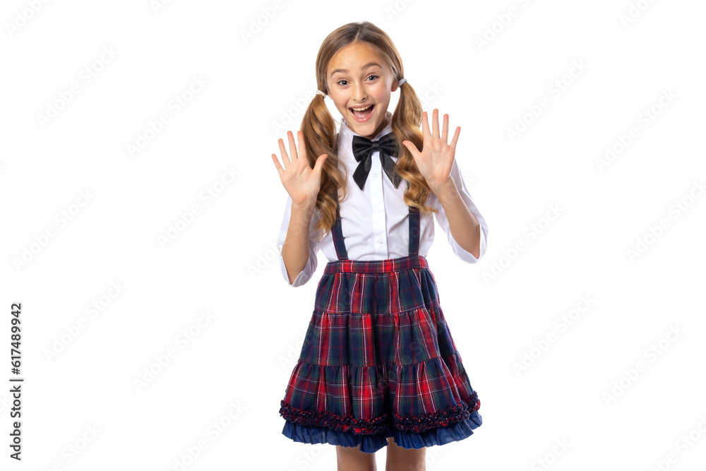 Smiling happy little kid girl 9-10 years old, isolated on white ...