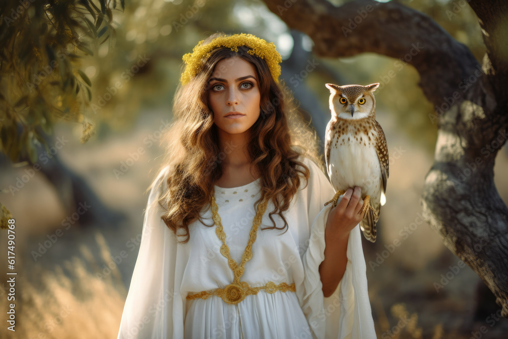 Greek goddess Athena holding an owl in her hand (generative AI) Stock ...