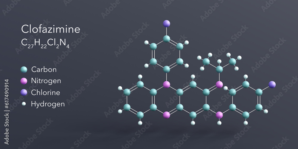 clofazimine molecule 3d rendering, flat molecular structure with ...
