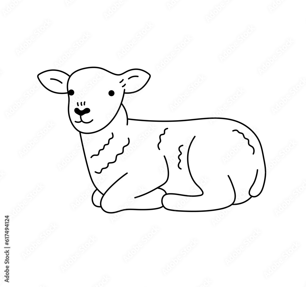 Vector isolated one single cute cartoon lying baby sheep lamb colorless ...