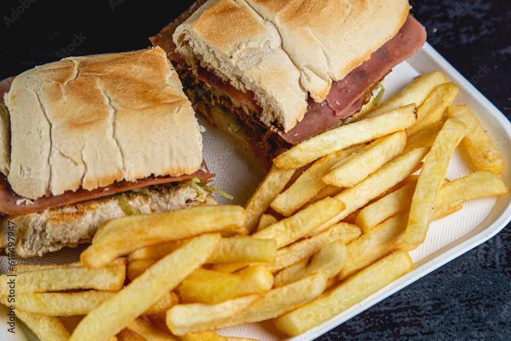 Milanesa Lomito Sandwich from argentina with french fries Stock Photo ...