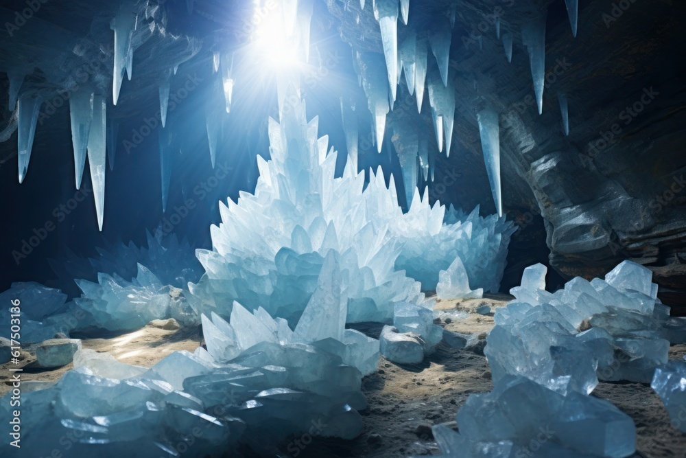 Crystal Cave with Stalactites: An illuminated underground crystal cave ...