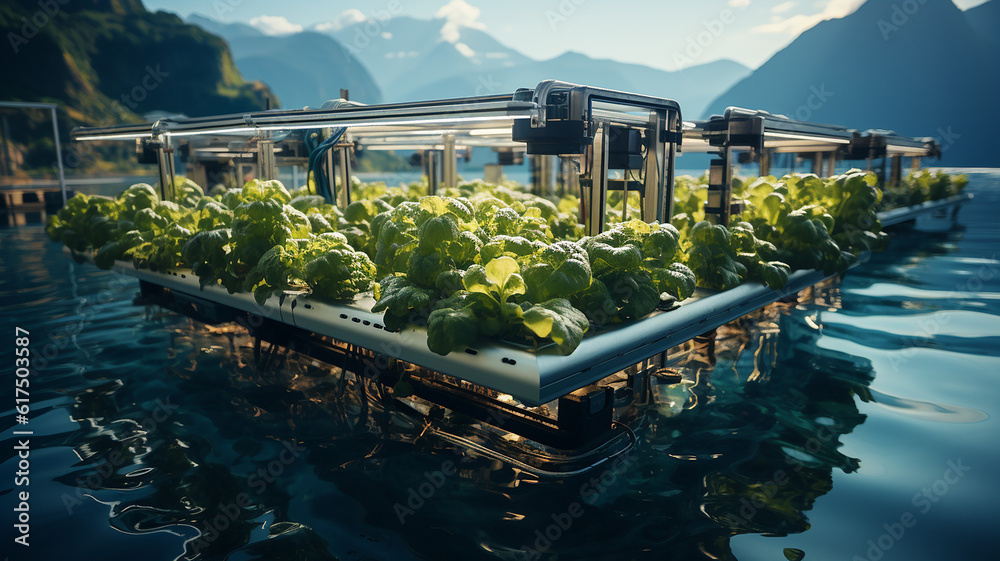 A floating farm on the ocean with artificial generated natural crops ...