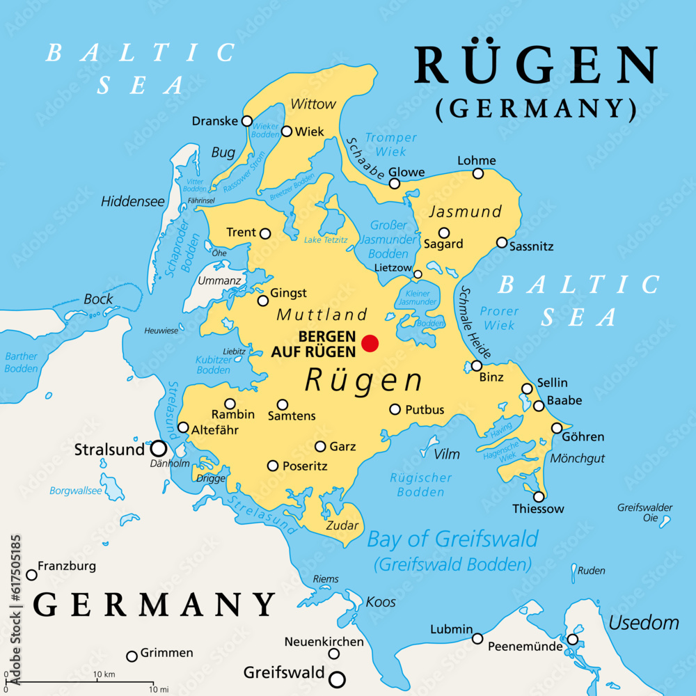 Rügen or Rugia, largest island of Germany, political map. Located off ...