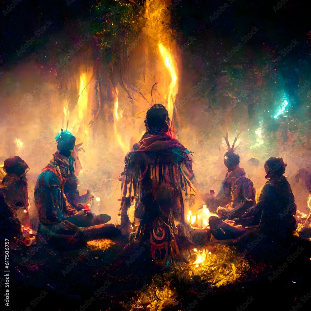 a shaman sitting with several Indians in a circle around a fire ritual ...