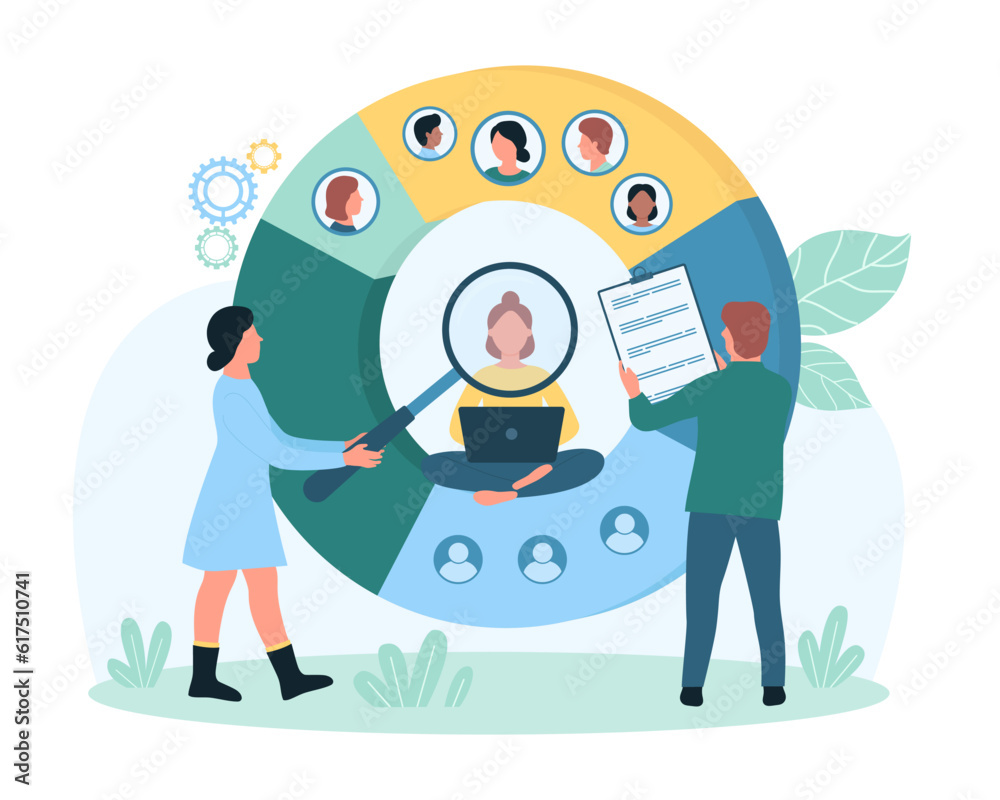 Audience segmentation vector illustration. Cartoon tiny people holding ...