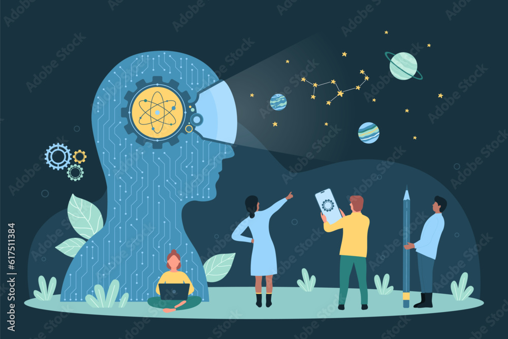 Cartoon tiny people work with smart AI brain in silhouette of abstract ...