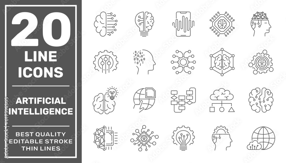 Artificial Intelligence icon set in line style, machine learning, smart ...