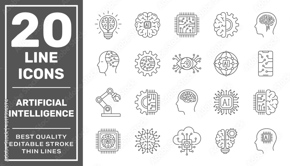 Artificial Intelligence icon set in line style, machine learning, smart ...