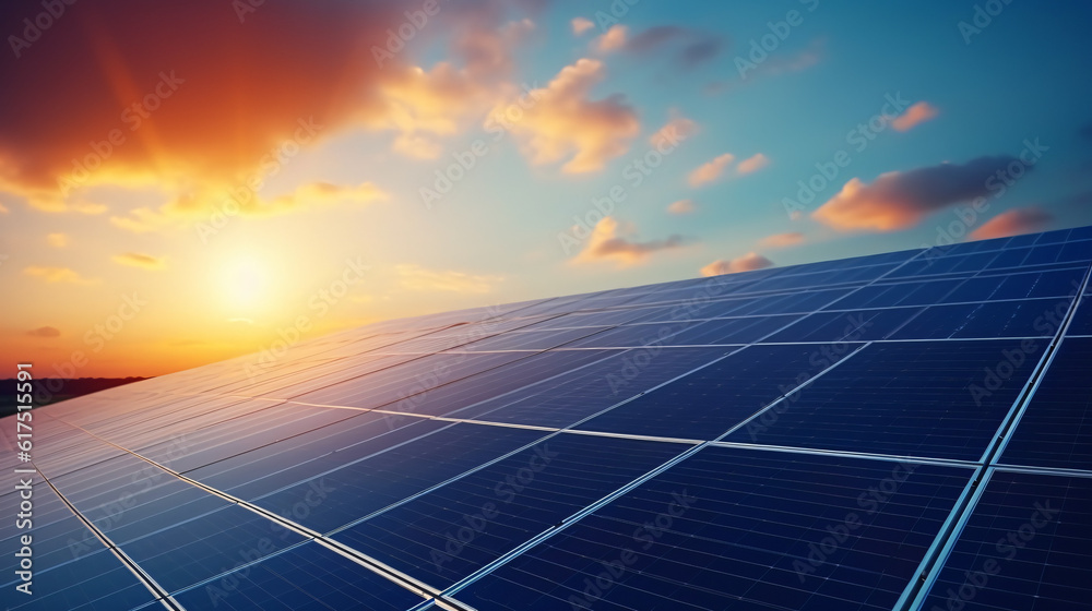Solar panel with blue sky and sunset. concept clean energy, electric ...