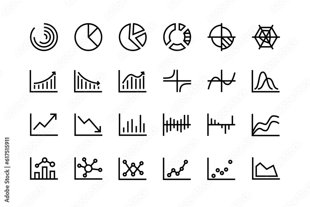 Chart icon set vector, charts, adjustable line weight, graph, pie, bar ...
