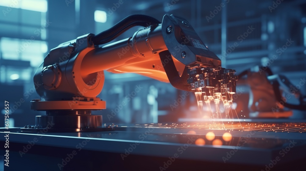 Robotic arm working with laser and screen monitor control, industrial ...