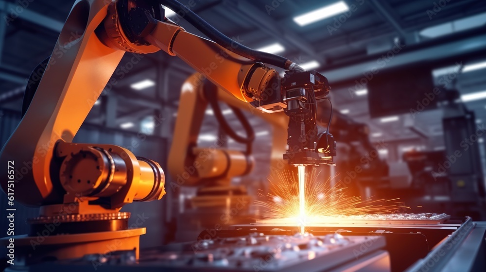 Robotic arm working with laser and screen monitor control, industrial ...