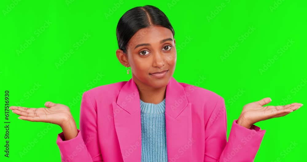 Confused, shrug and woman face in green screen studio with decision ...