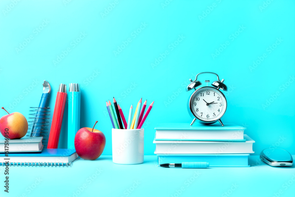 Modern gadgets for school, supplies, allowance on blue background. Back ...