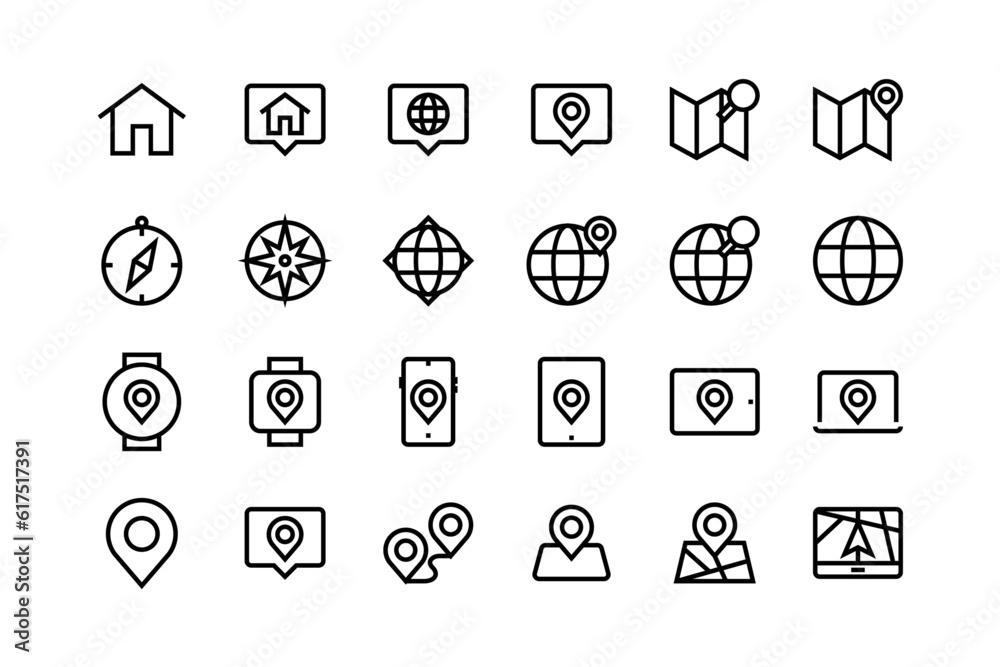 Navigation icon set, adjustable line weight location, map, route, pin ...