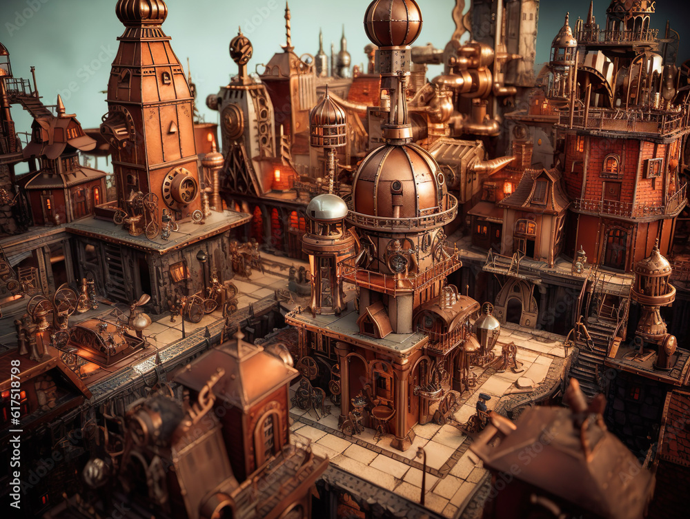 The image depicts a steampunk-inspired cityscape set against a backdrop ...