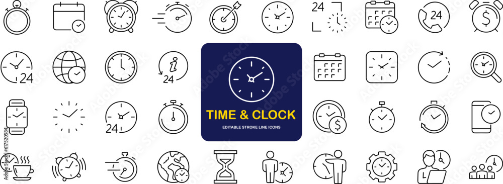 Time and Clock set of web icons in line style. Time management. Timer, Speed, Date, Countdown ...