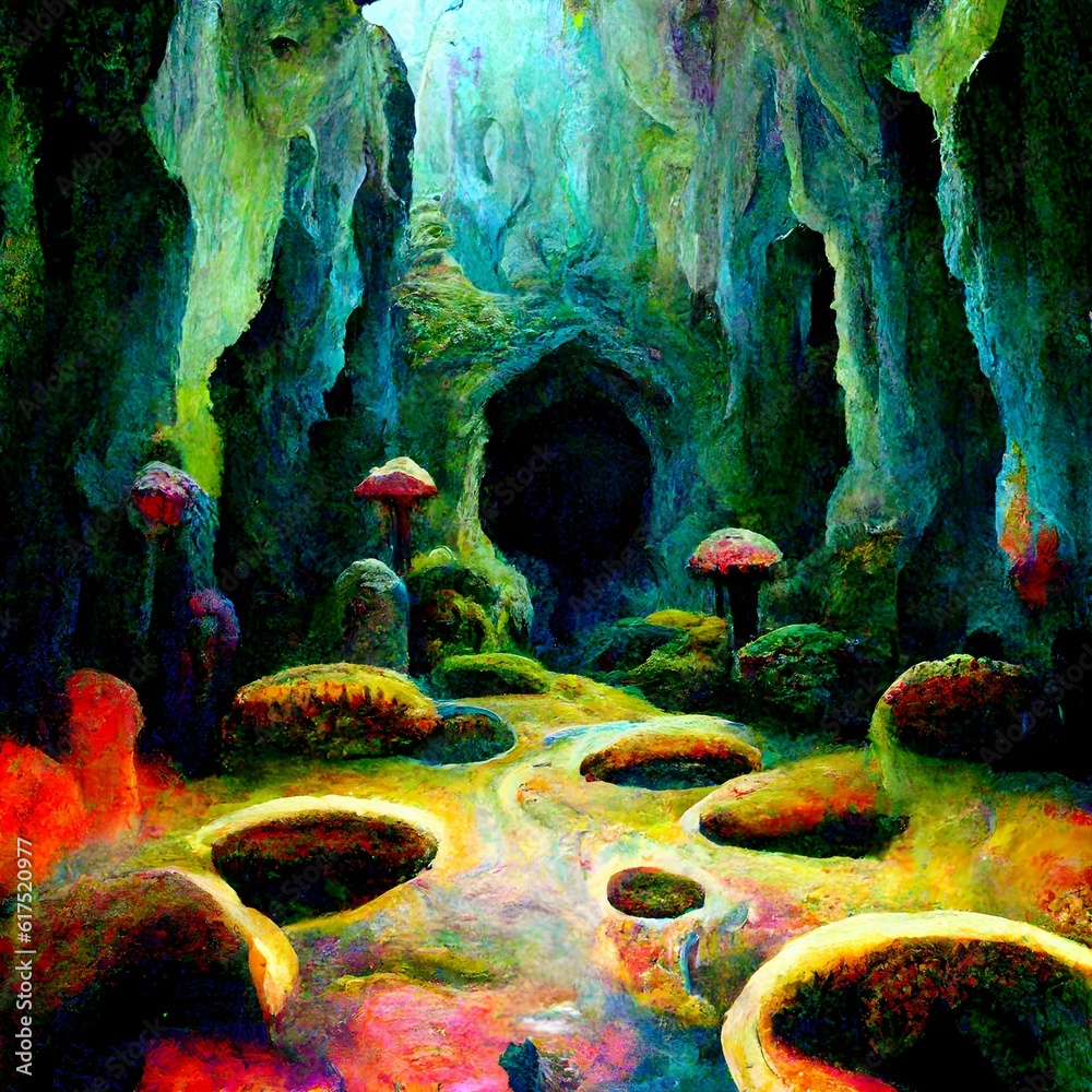 psilocybin cave composition asymmetrical cavern tunnels stalactites ...