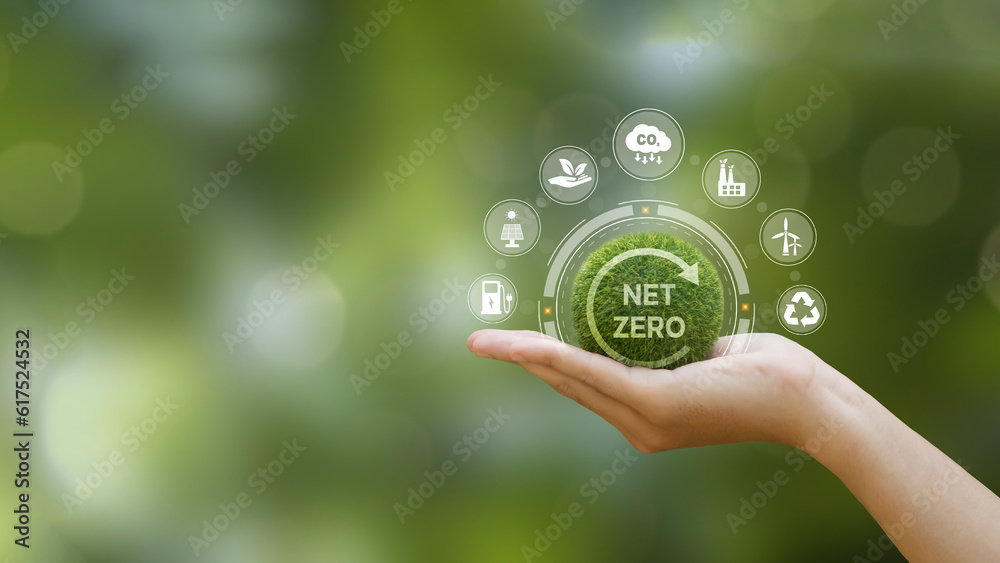 Hand of human holding green earth with green net zero icon. Net zero ...