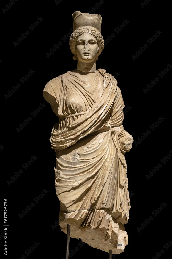 Tyche goddess marble statue from ancient Perge city. Vertical, isolated ...