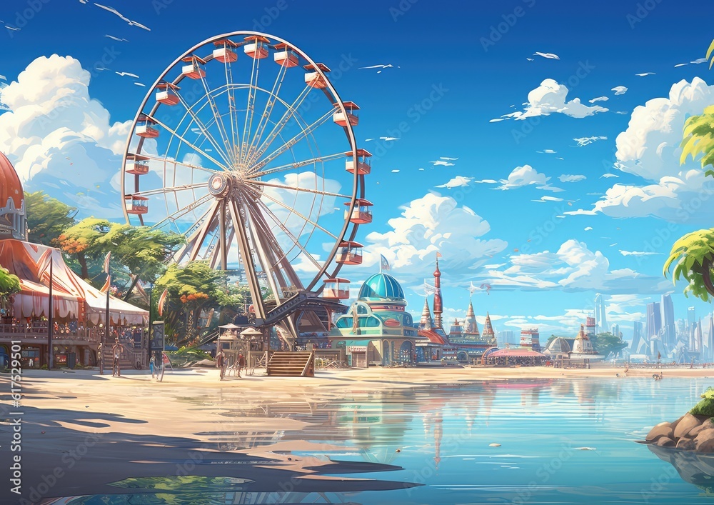 Ferris wheel in anime scene around the city and a beach Stock ...