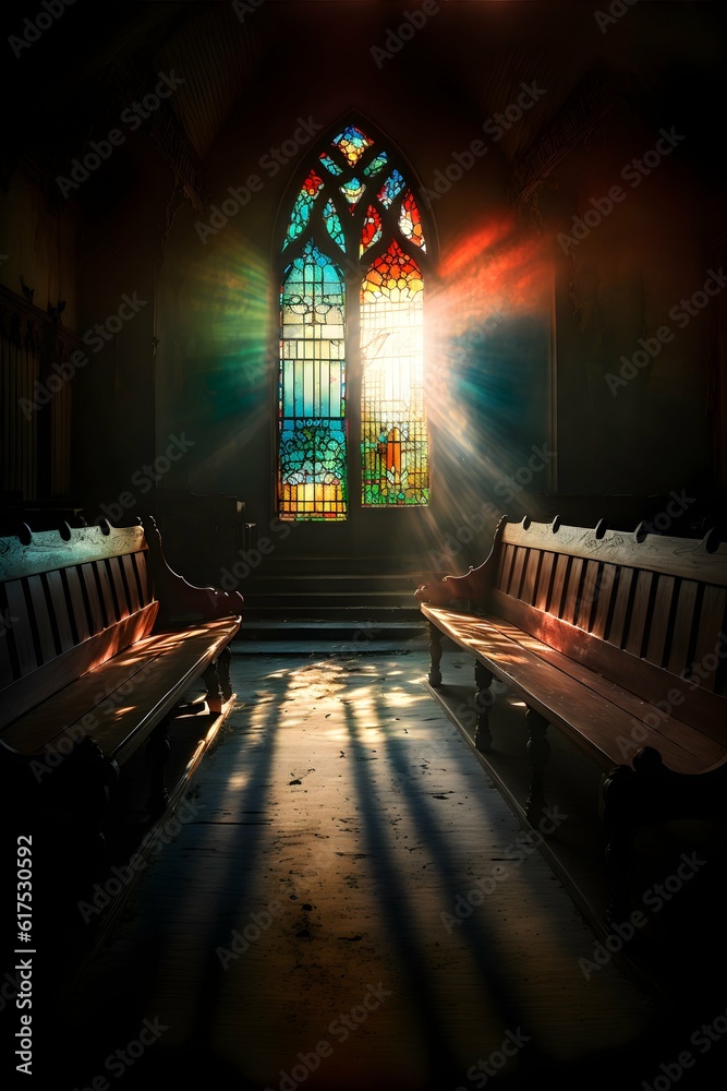 a photo from inside an old dusty church looking down the rows of ...