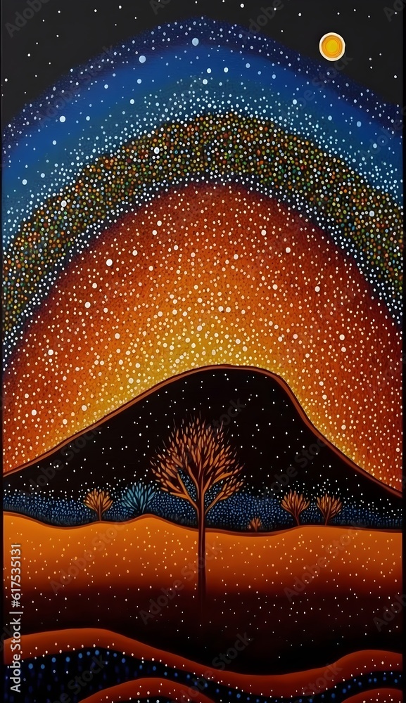 Australian aboriginal art mountain rising into the Milky Way colorful ...