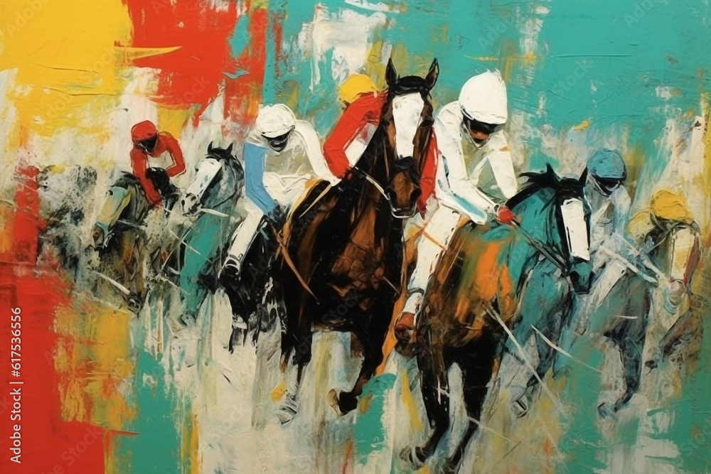 Fine art Oil Painting of Horse Racing. Race-riding sport jockeys ...