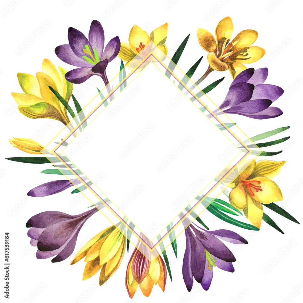 Wildflower rose crocuses frame in a watercolor style isolated. Full ...