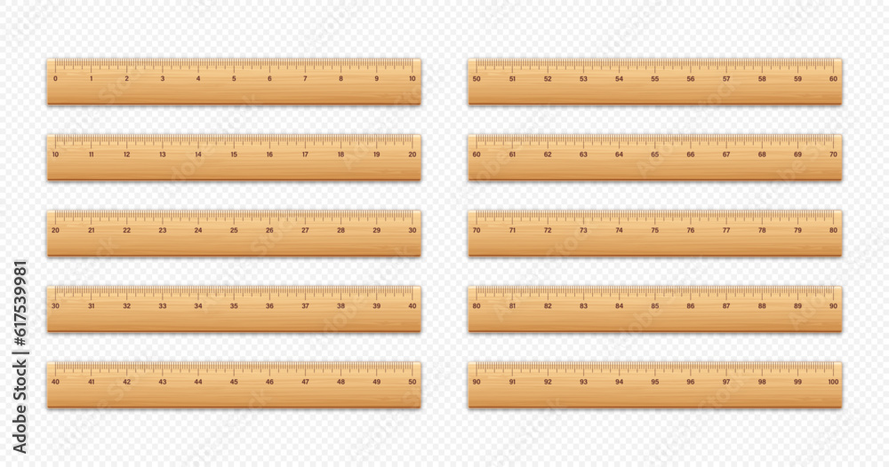 Realistic various wooden rulers with measurement scale and divisions ...