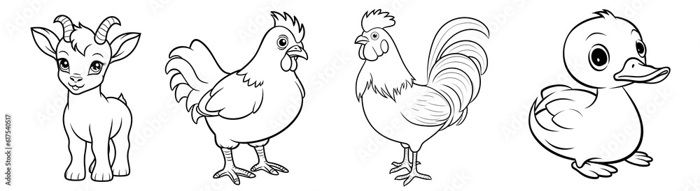 Farm animals - cute Goat, Chicken, Rooster and Duck, simple thick lines ...
