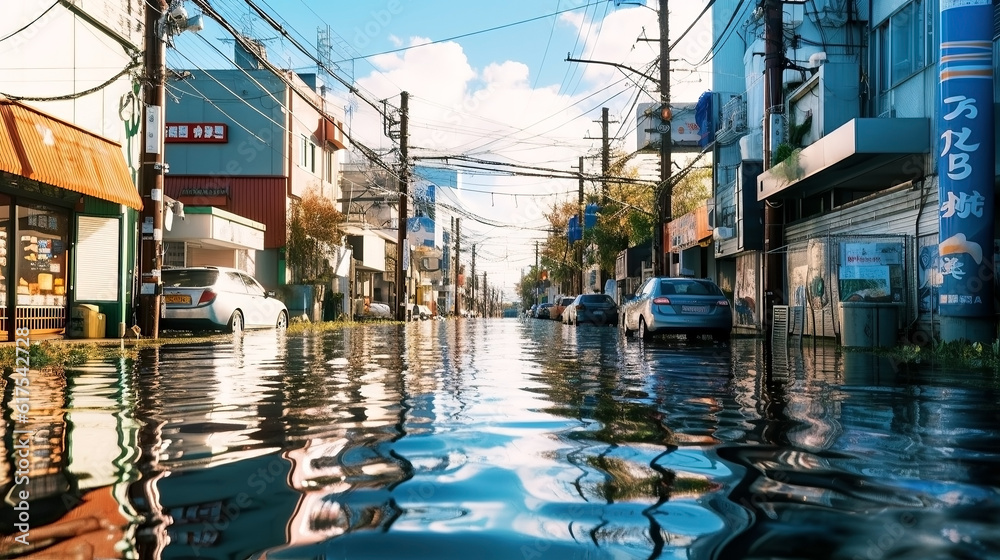 A flooded coastal Japanese city from floods caused by rising sea levels ...