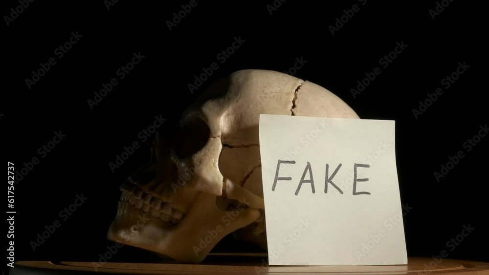 Leave a reminder of fake news. A view of human skull with a sticky ...