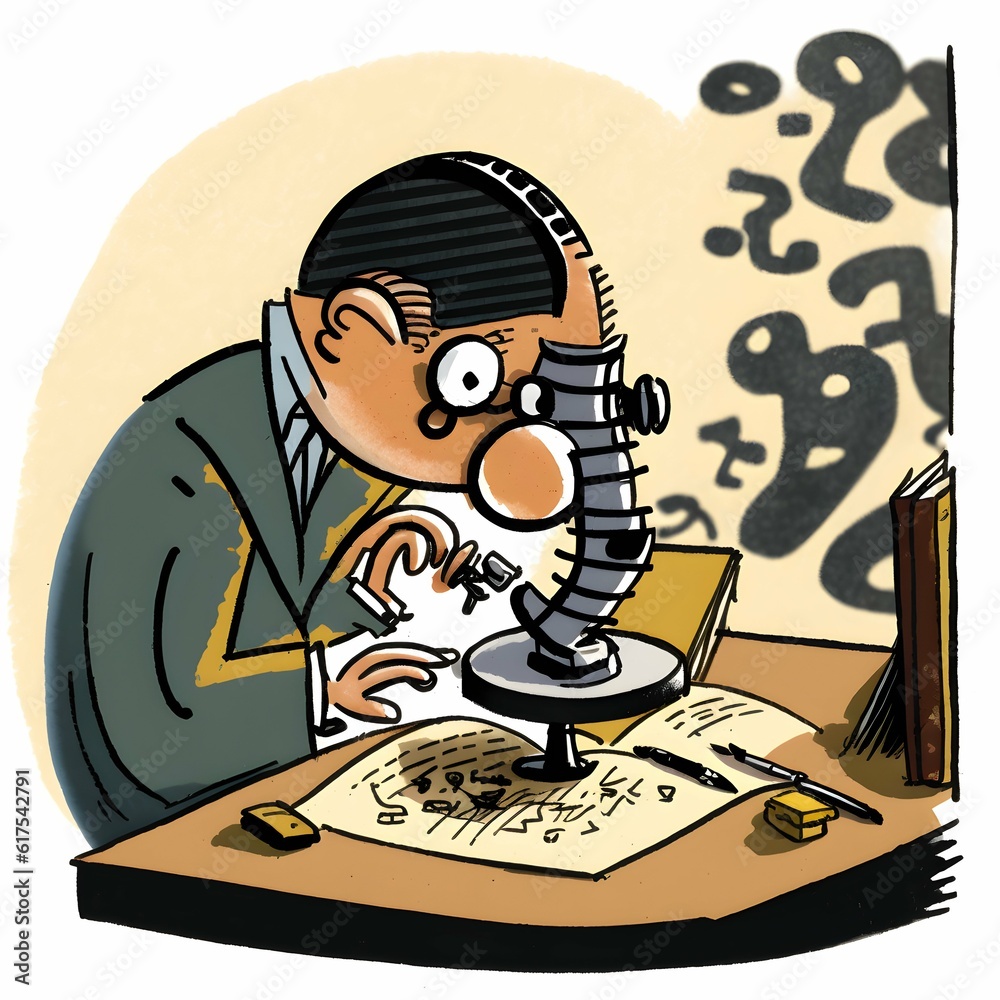 art critic looking through a microscope at confusing marginalia book ...