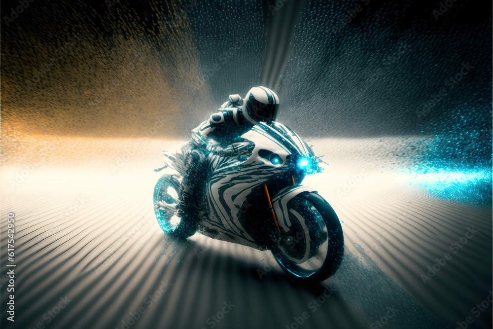 futuristic white motorcycle with rider in white motorcycle clothing and ...