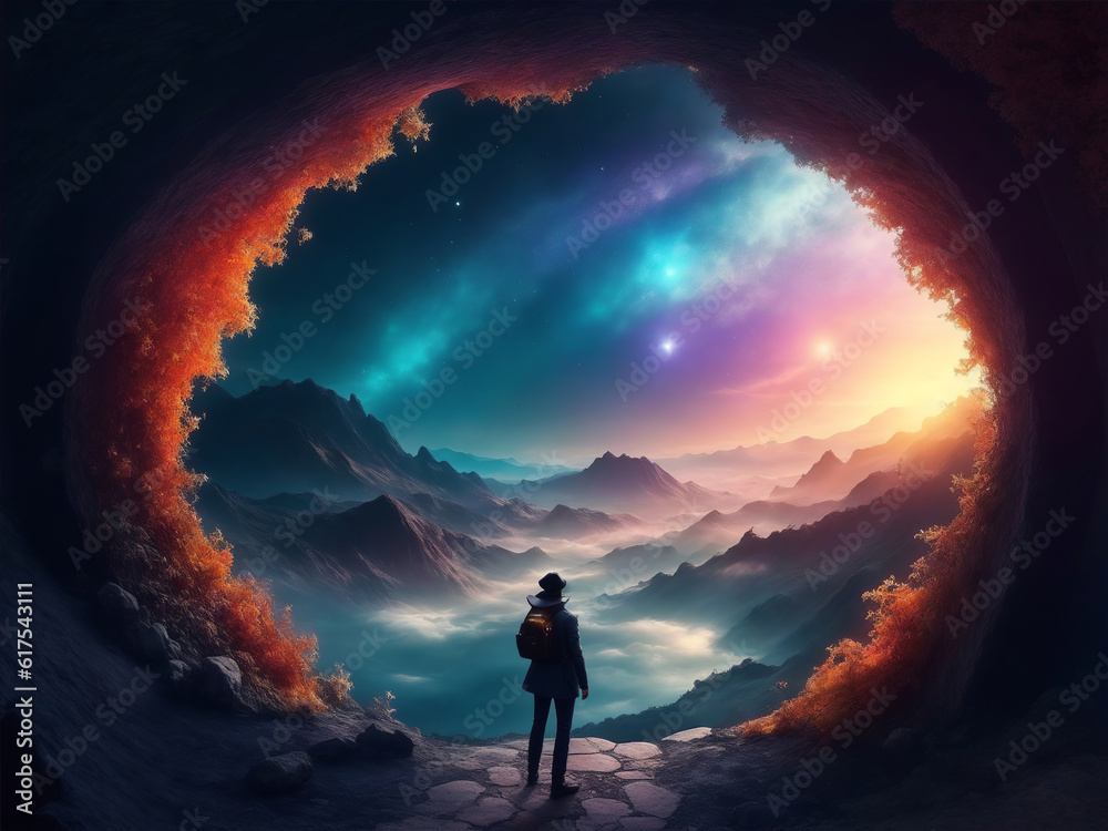 Man in front of Entrance to Magic world. Passage to another world ...