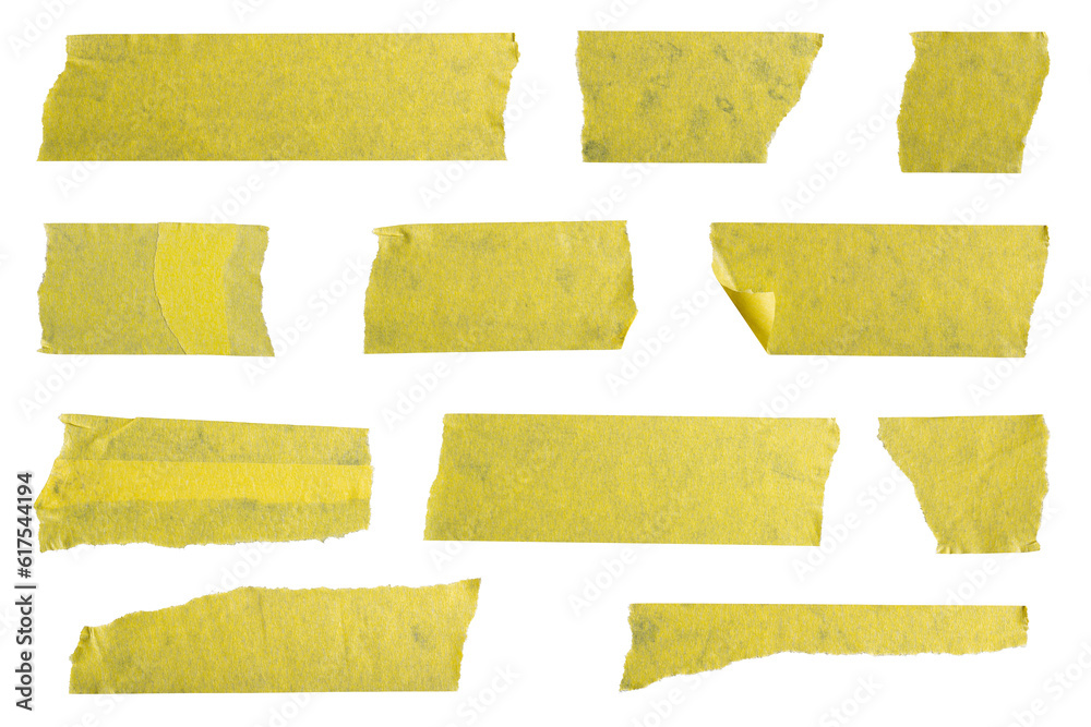 adhesive tape set collection of yellow different tapes, scratched and ...