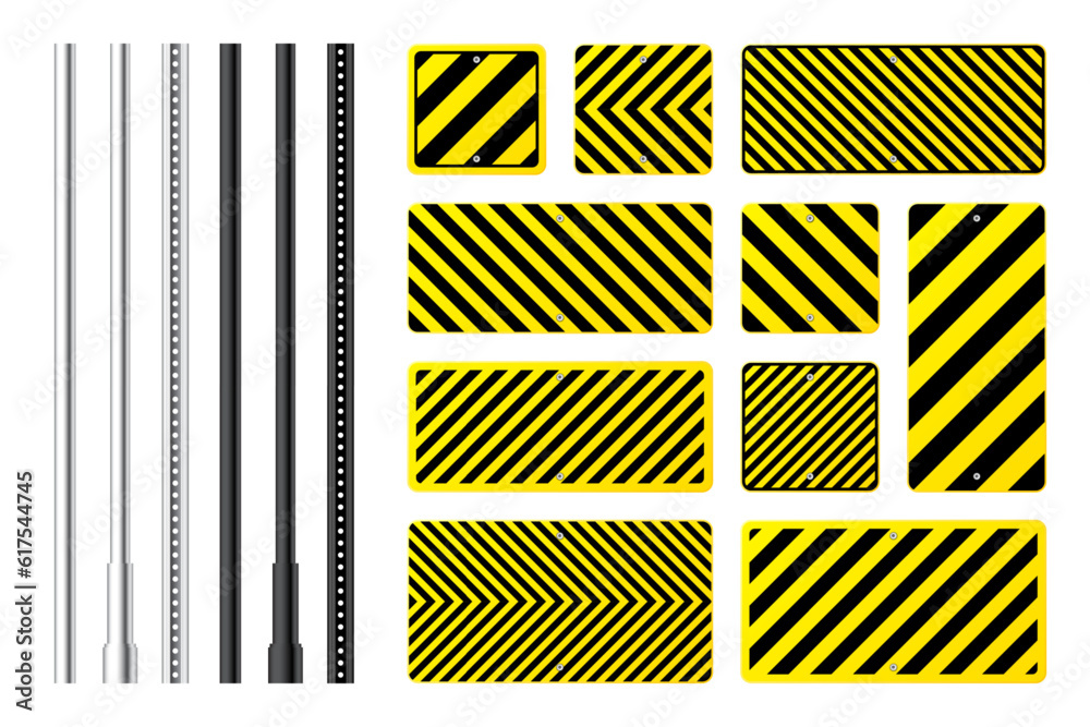Warning, danger signs, attention banners with metal poles. Yellow ...