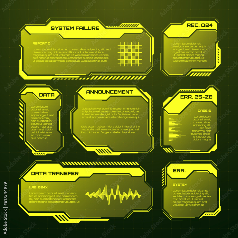 Yellow futuristic HUD, UI elements. Sci-fi user interface text boxes, callouts. Warning message ...